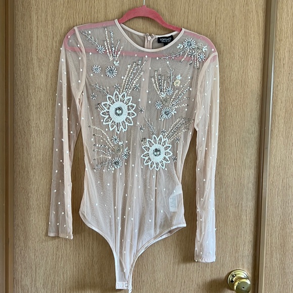 Topshop | Tops | Topshop Sheer Beaded Bodysuit | Poshmark